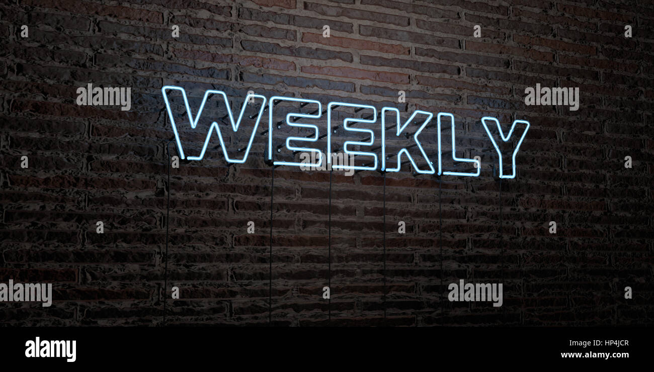 WEEKLY -Realistic Neon Sign on Brick Wall background - 3D rendered ...