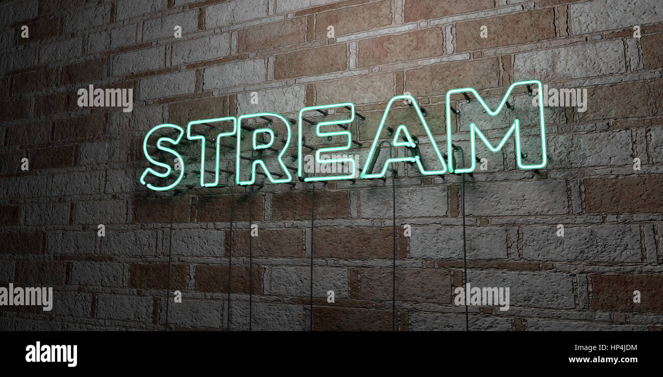 STREAM - Glowing Neon Sign on stonework wall - 3D rendered royalty free ...