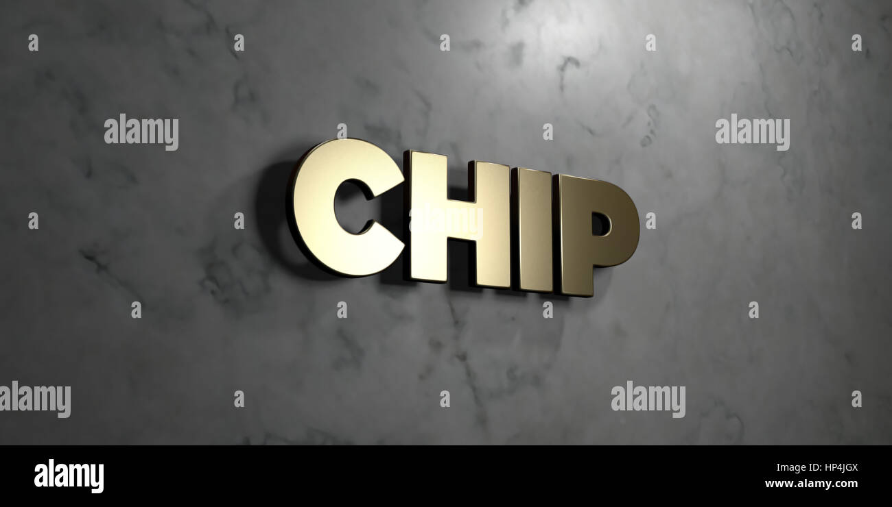 Chip - Gold sign mounted on glossy marble wall - 3D rendered royalty ...