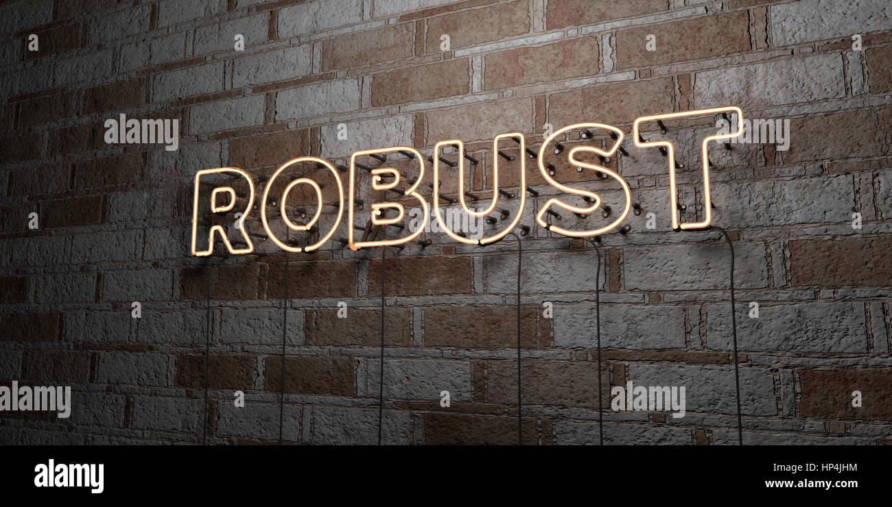 ROBUST - Glowing Neon Sign on stonework wall - 3D rendered royalty free ...
