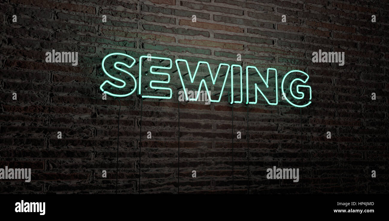 SEWING -Realistic Neon Sign on Brick Wall background - 3D rendered ...