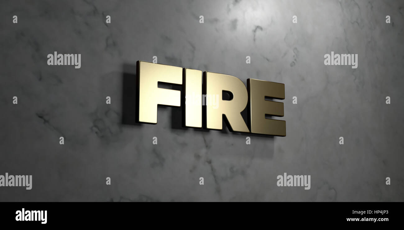 Fire - Gold sign mounted on glossy marble wall - 3D rendered royalty ...
