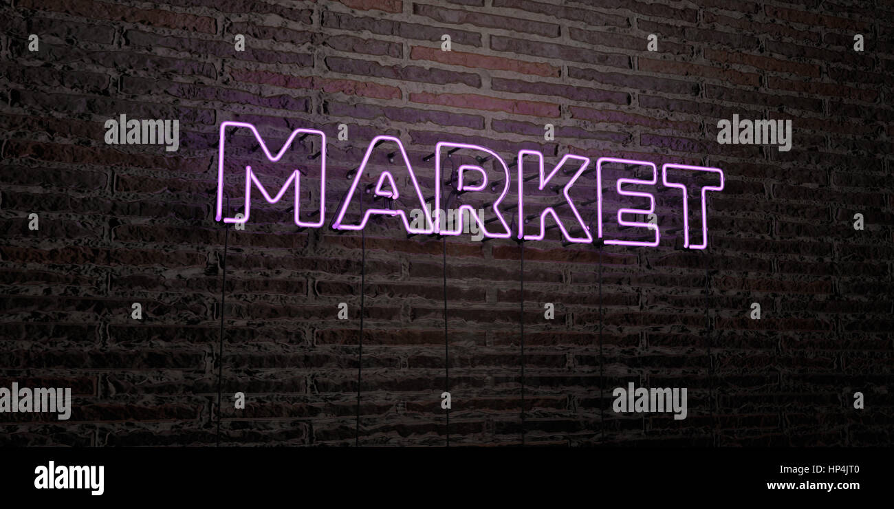 MARKET -Realistic Neon Sign on Brick Wall background - 3D rendered ...