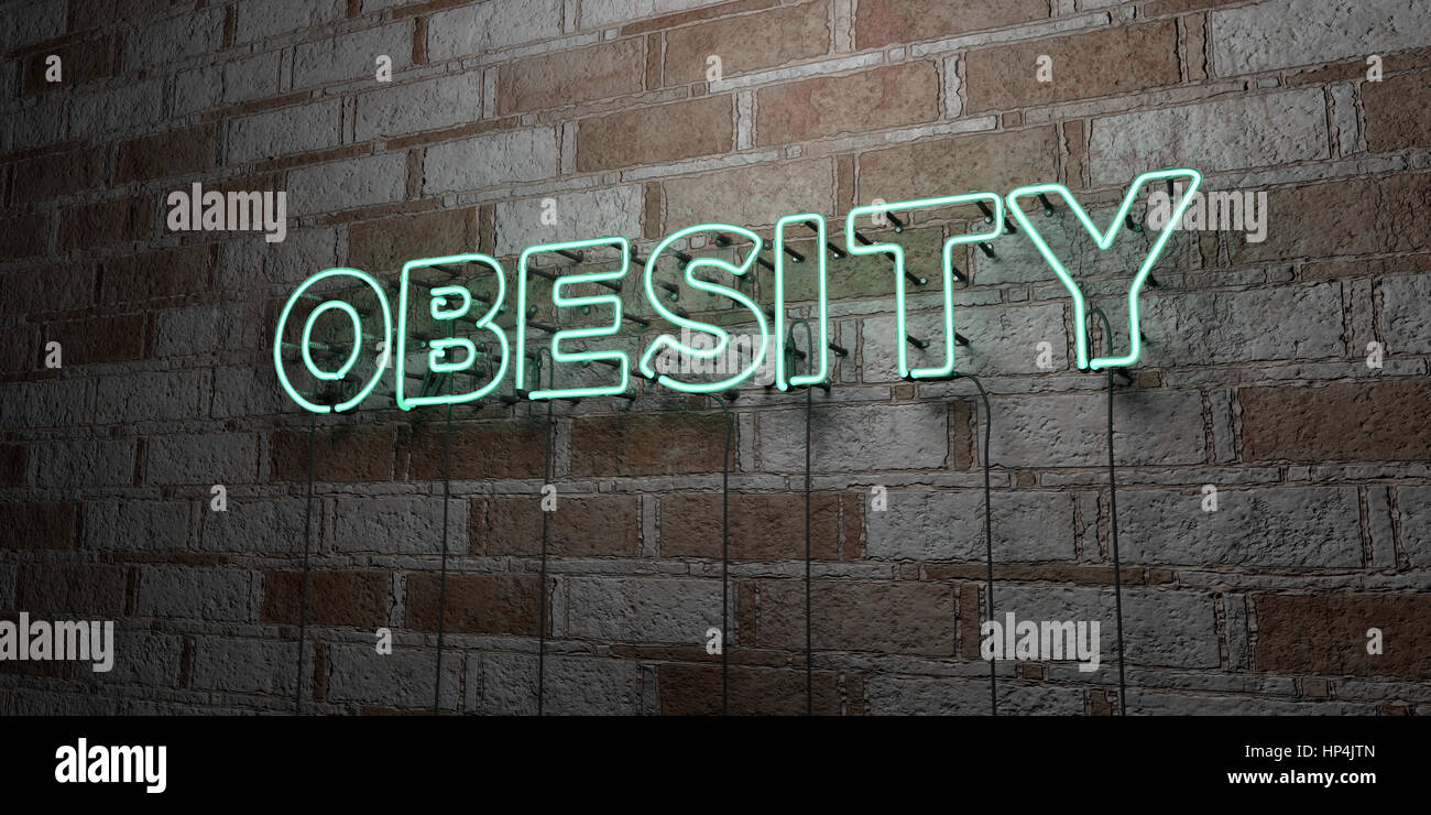 OBESITY - Glowing Neon Sign on stonework wall - 3D rendered royalty ...