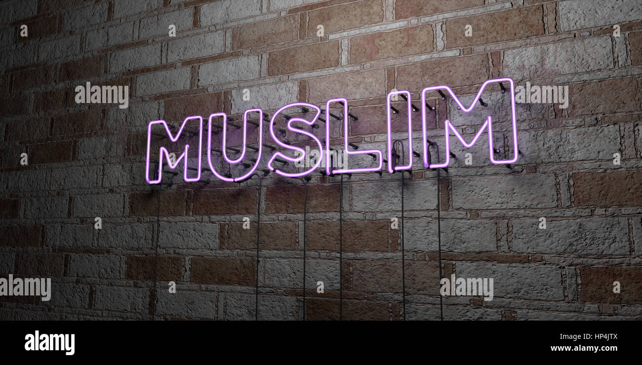 MUSLIM - Glowing Neon Sign on stonework wall - 3D rendered royalty free ...