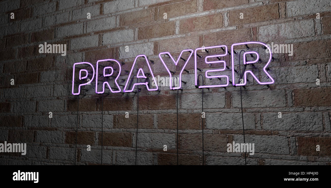 PRAYER - Glowing Neon Sign on stonework wall - 3D rendered royalty free ...