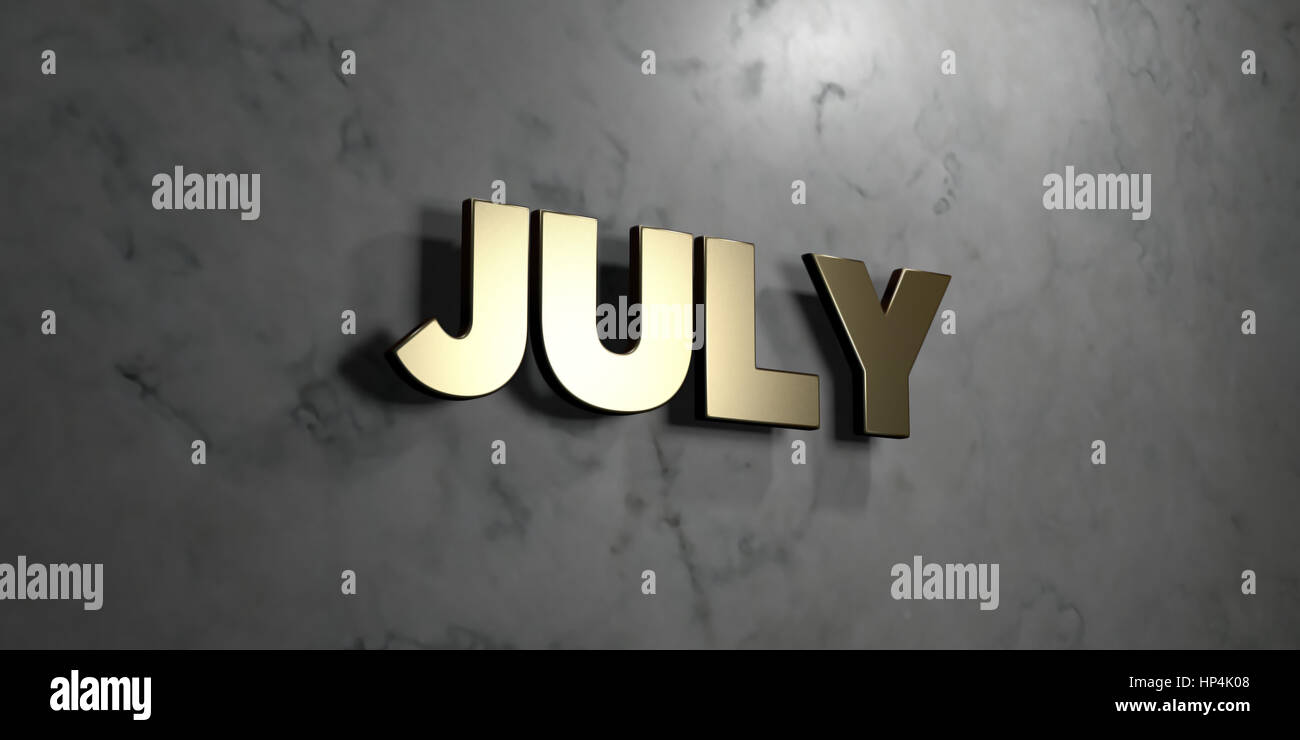 July - Gold sign mounted on glossy marble wall - 3D rendered royalty ...