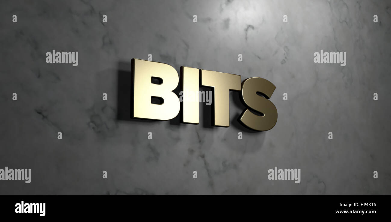 Bits - Gold sign mounted on glossy marble wall - 3D rendered royalty ...