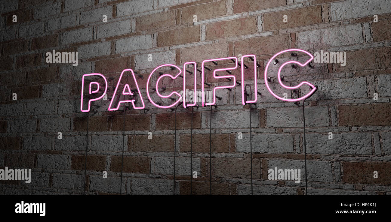 PACIFIC - Glowing Neon Sign on stonework wall - 3D rendered royalty ...
