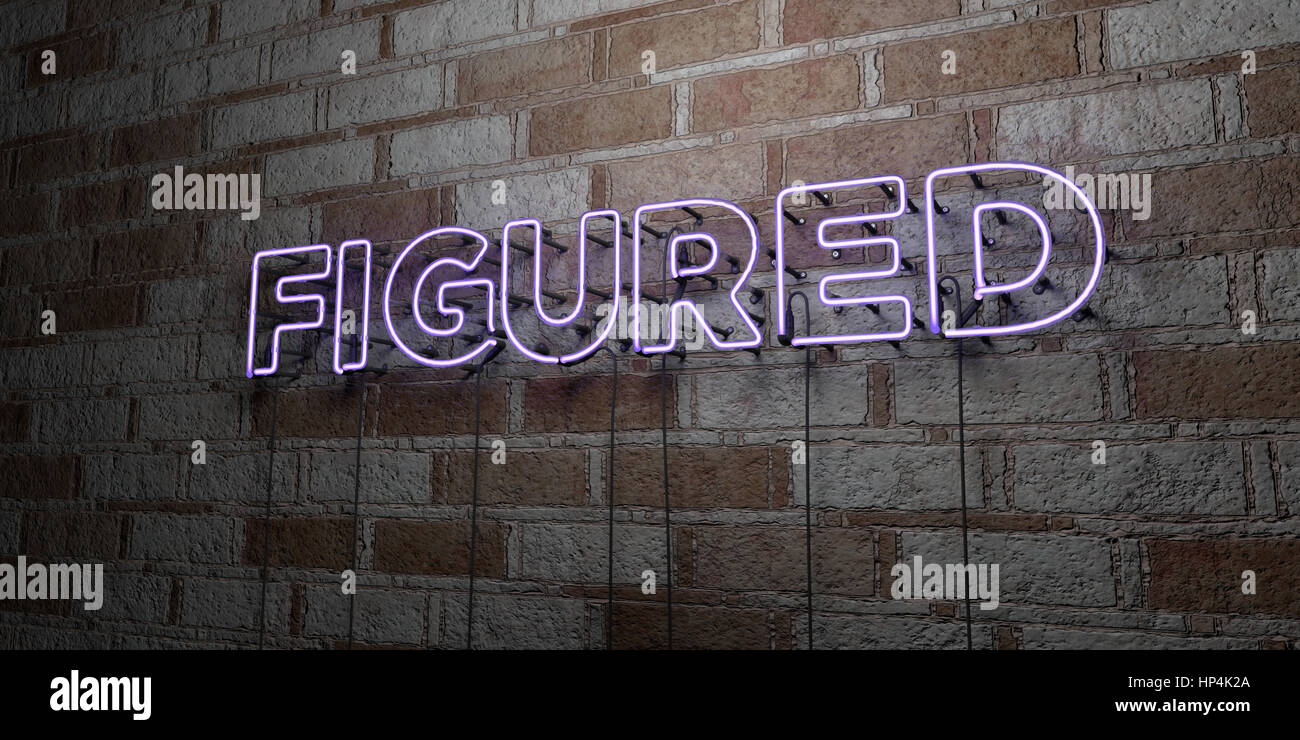 FIGURED - Glowing Neon Sign on stonework wall - 3D rendered royalty ...