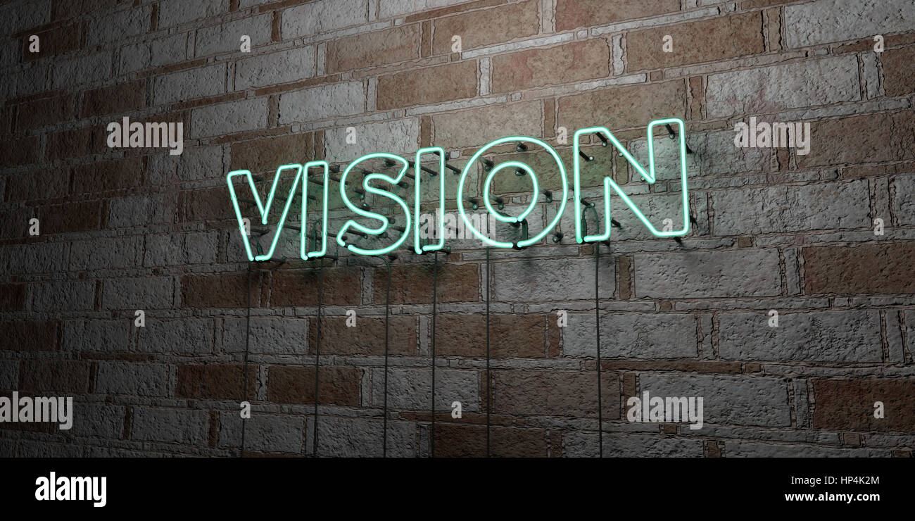VISION - Glowing Neon Sign on stonework wall - 3D rendered royalty free ...