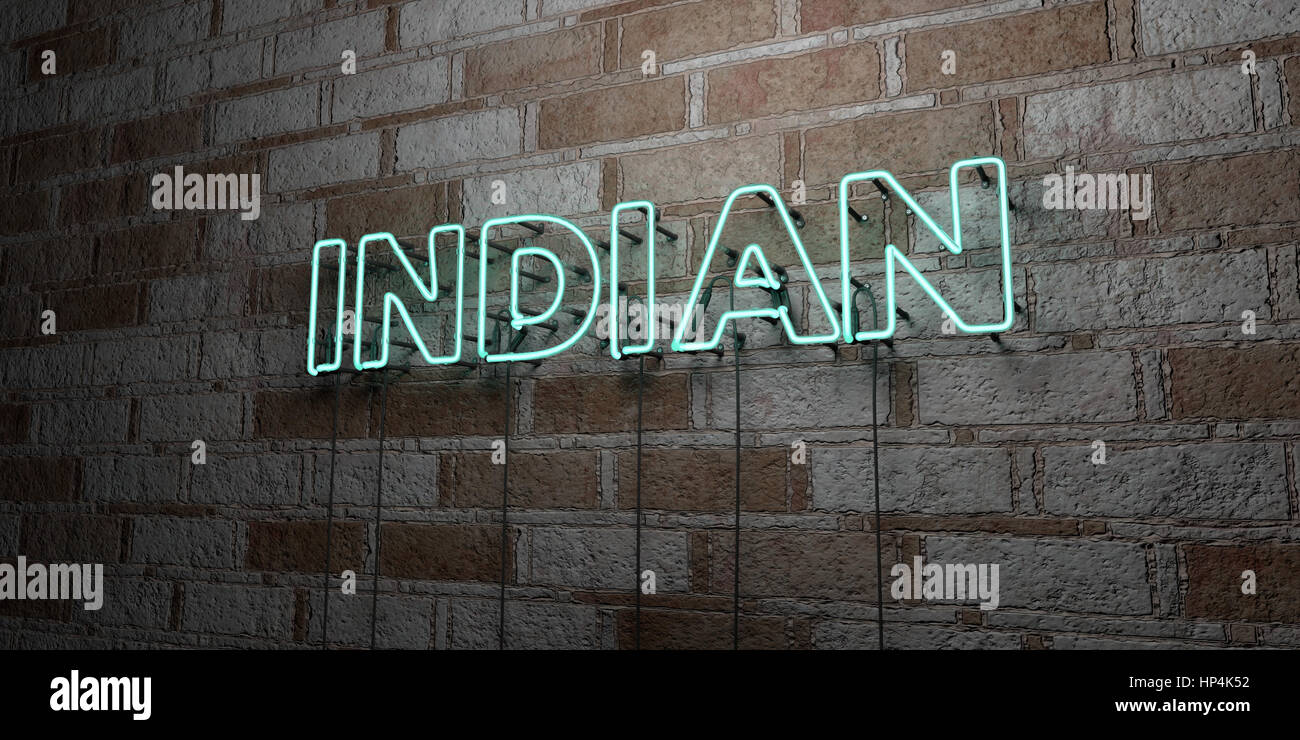 INDIAN - Glowing Neon Sign on stonework wall - 3D rendered royalty free ...