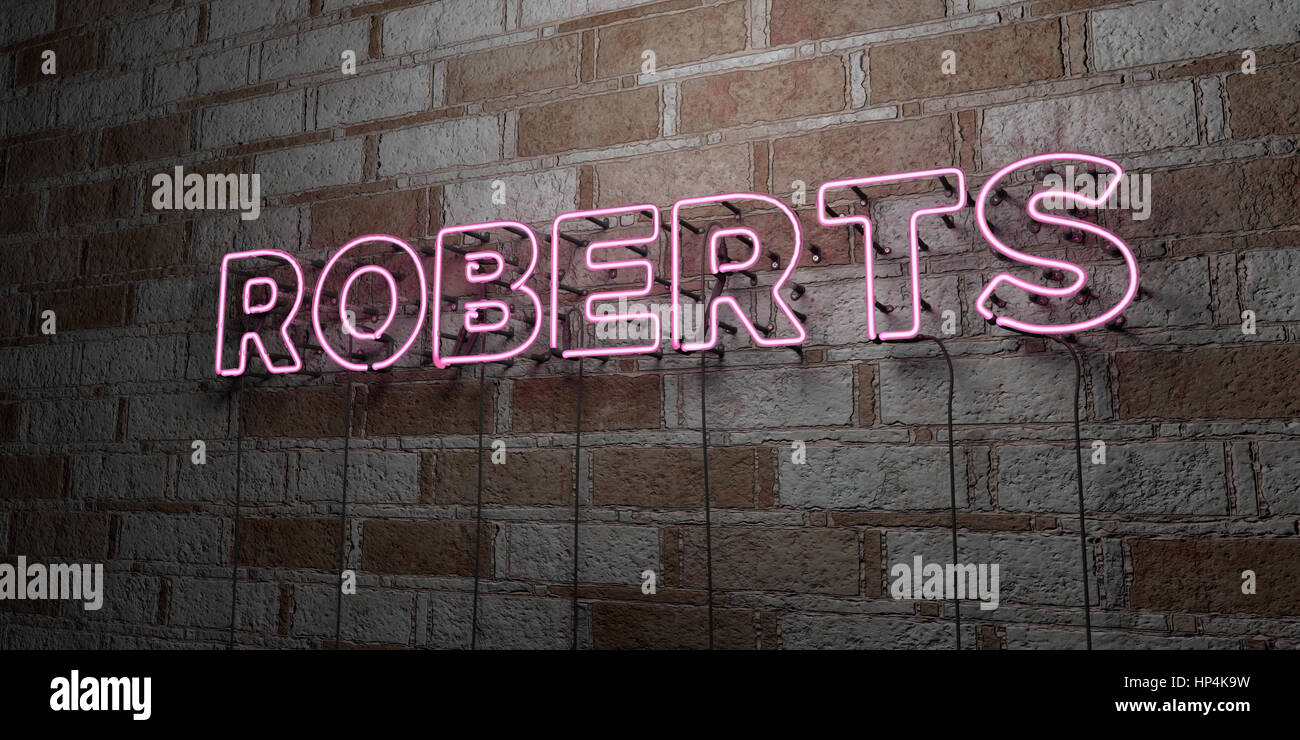 ROBERTS - Glowing Neon Sign on stonework wall - 3D rendered royalty ...