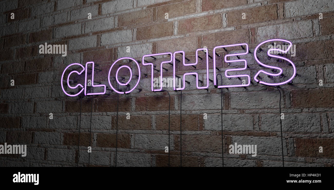 CLOTHES - Glowing Neon Sign on stonework wall - 3D rendered royalty ...