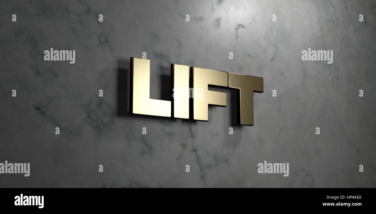 Lift - Gold sign mounted on glossy marble wall - 3D rendered royalty ...