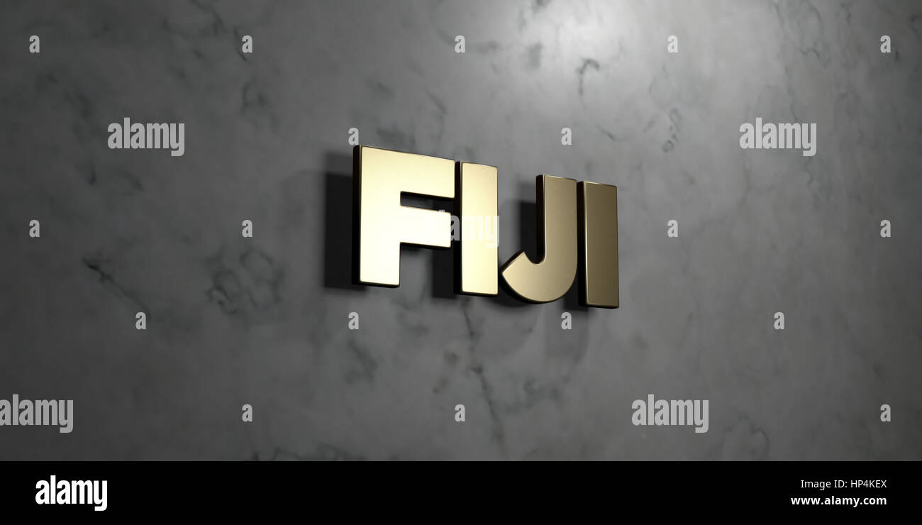 Fiji - Gold sign mounted on glossy marble wall - 3D rendered royalty ...