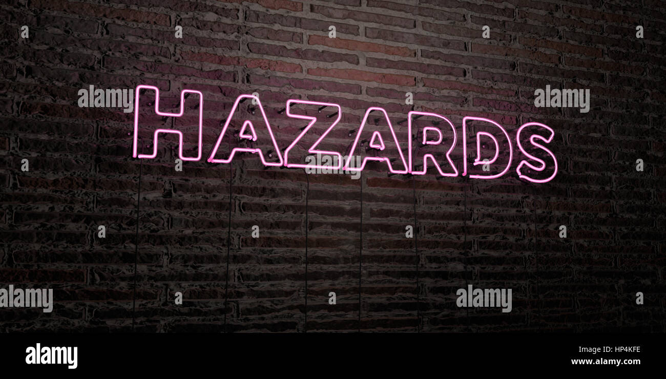 HAZARDS -Realistic Neon Sign on Brick Wall background - 3D rendered ...