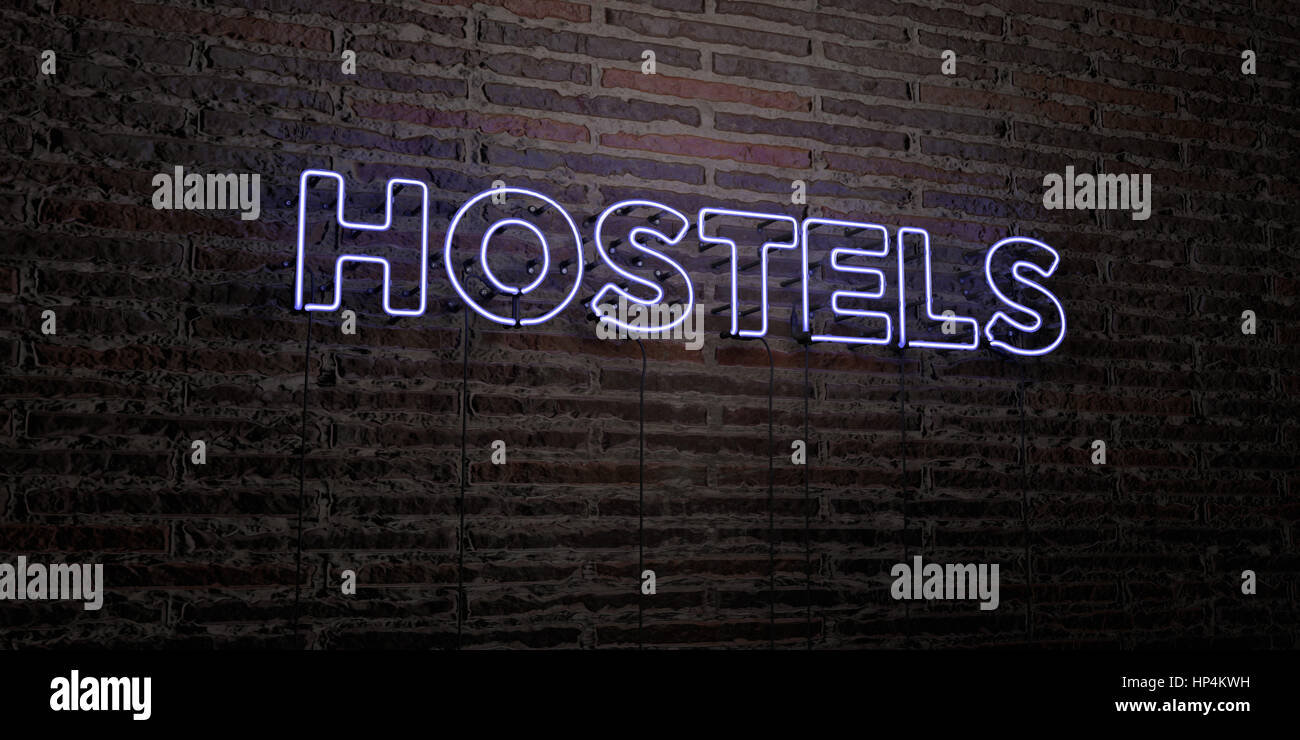 HOSTELS -Realistic Neon Sign on Brick Wall background - 3D rendered ...