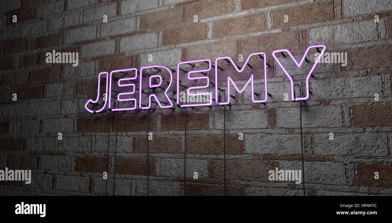JEREMY - Glowing Neon Sign on stonework wall - 3D rendered royalty free ...