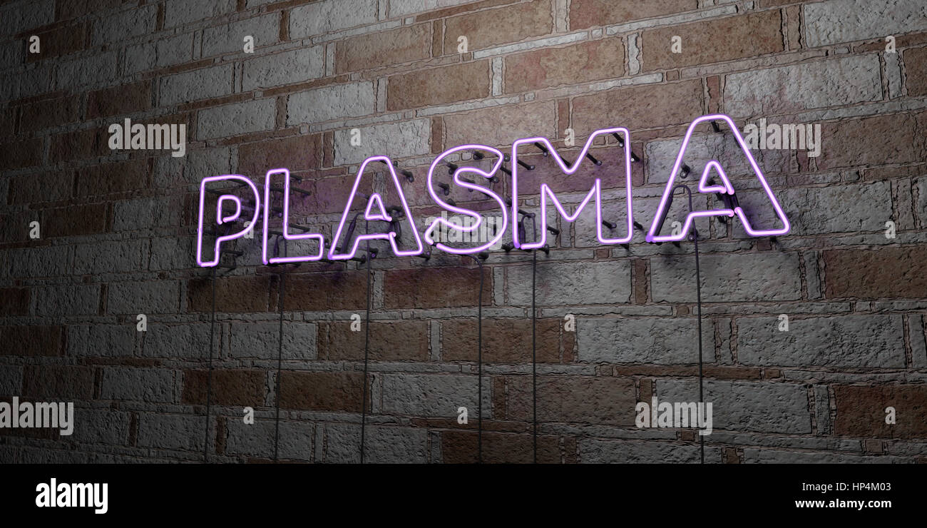 PLASMA - Glowing Neon Sign on stonework wall - 3D rendered royalty free ...