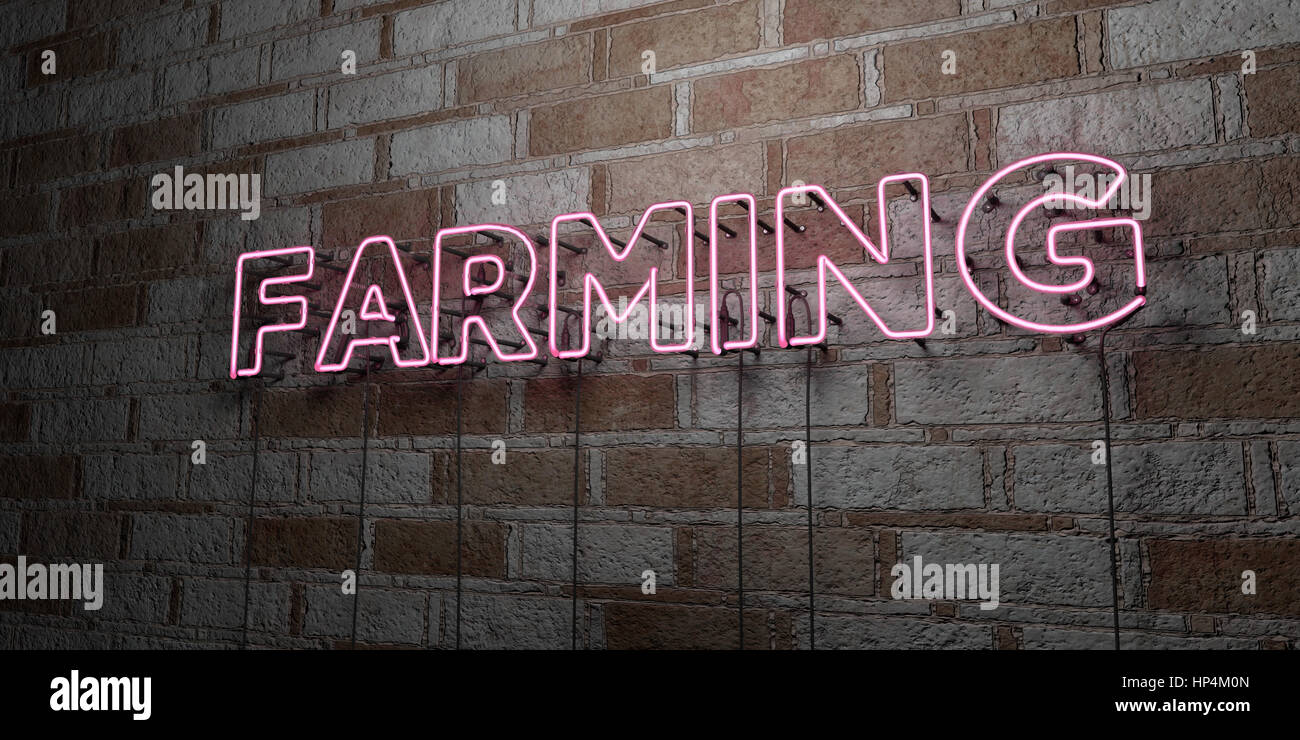 FARMING - Glowing Neon Sign on stonework wall - 3D rendered royalty ...