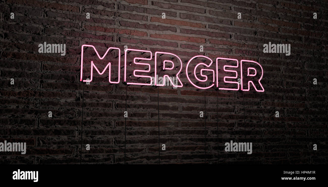MERGER -Realistic Neon Sign on Brick Wall background - 3D rendered ...