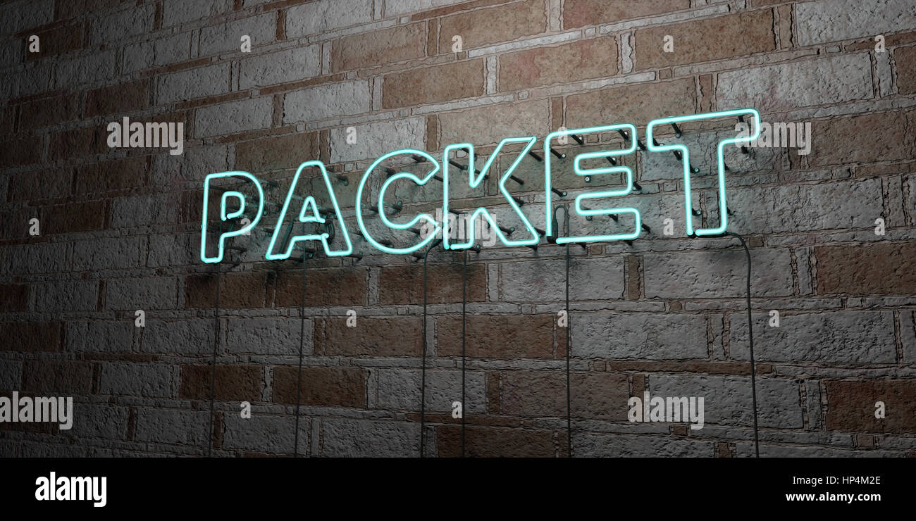 PACKET - Glowing Neon Sign on stonework wall - 3D rendered royalty free ...