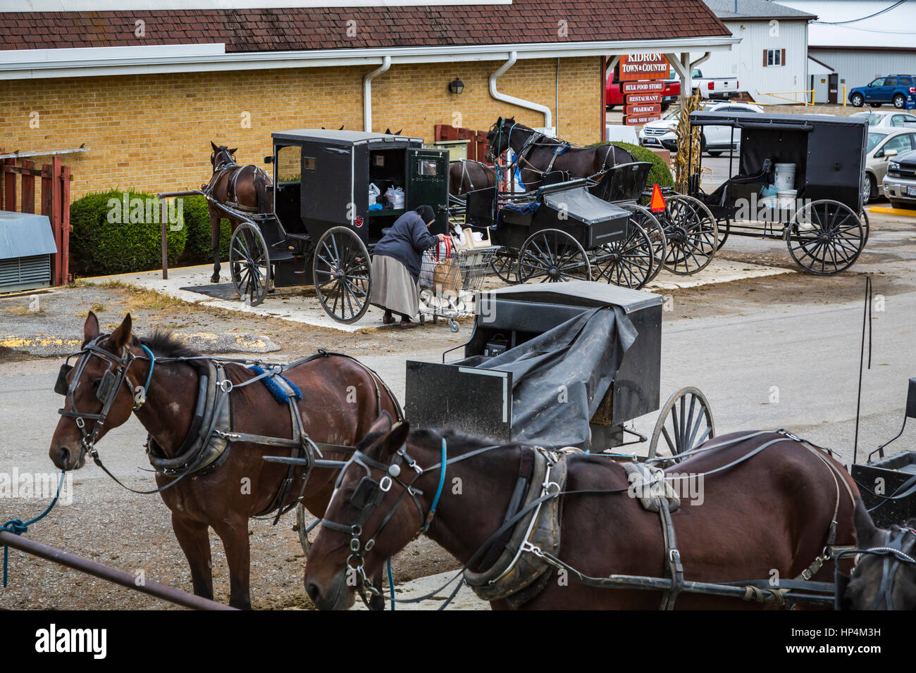 Amish horse and buggies at a hitching post in Dalton, Ohio, USA Stock ...