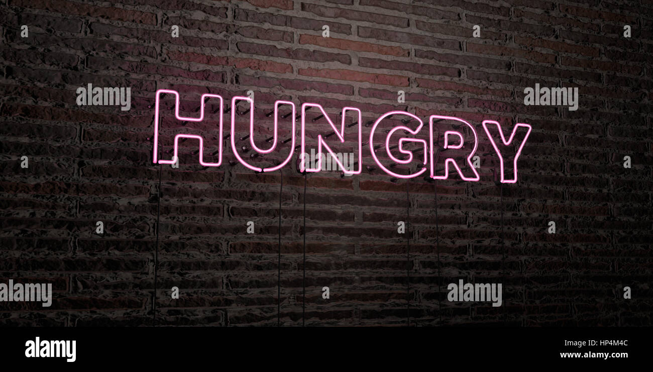 HUNGRY -Realistic Neon Sign on Brick Wall background - 3D rendered ...