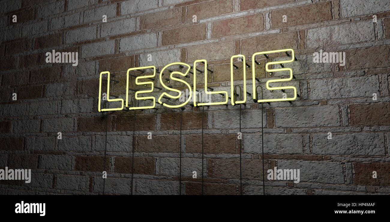 LESLIE - Glowing Neon Sign on stonework wall - 3D rendered royalty free ...