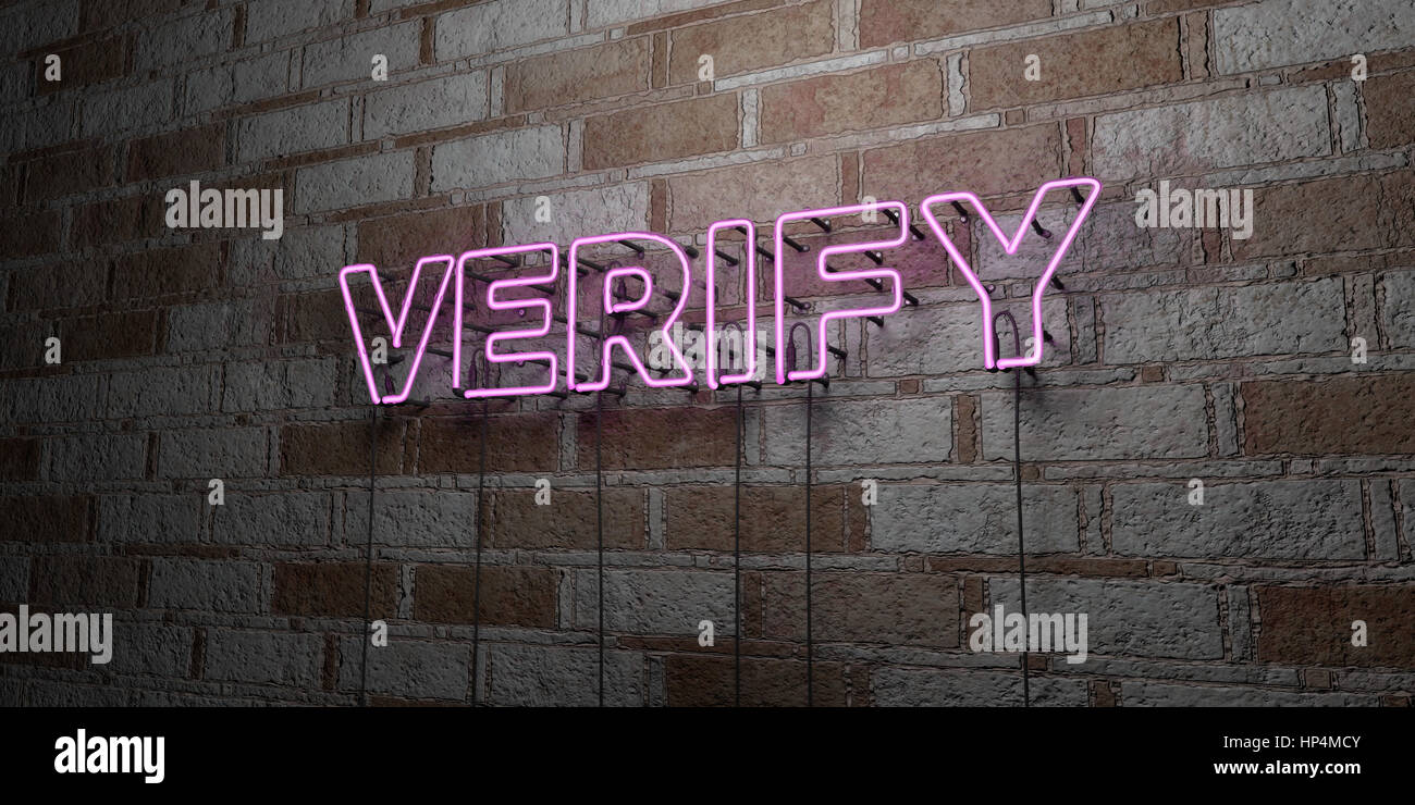 VERIFY - Glowing Neon Sign on stonework wall - 3D rendered royalty free ...