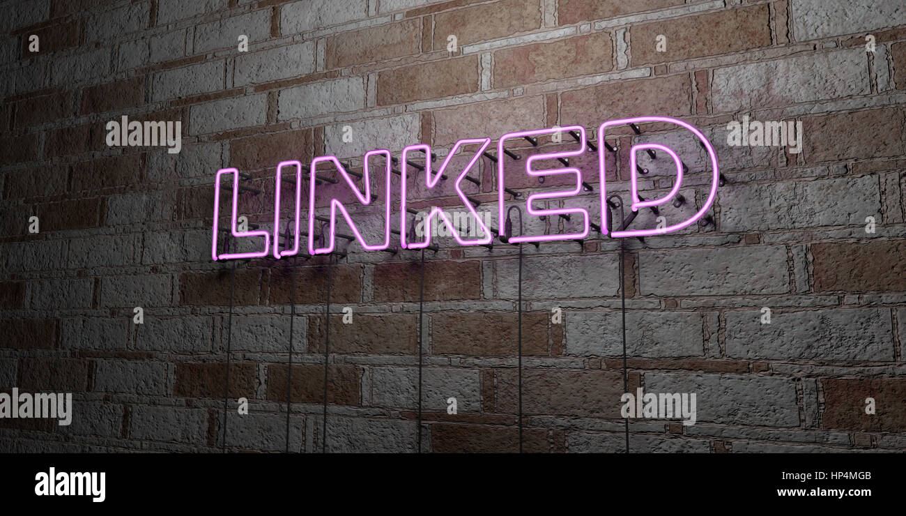 LINKED - Glowing Neon Sign on stonework wall - 3D rendered royalty free ...