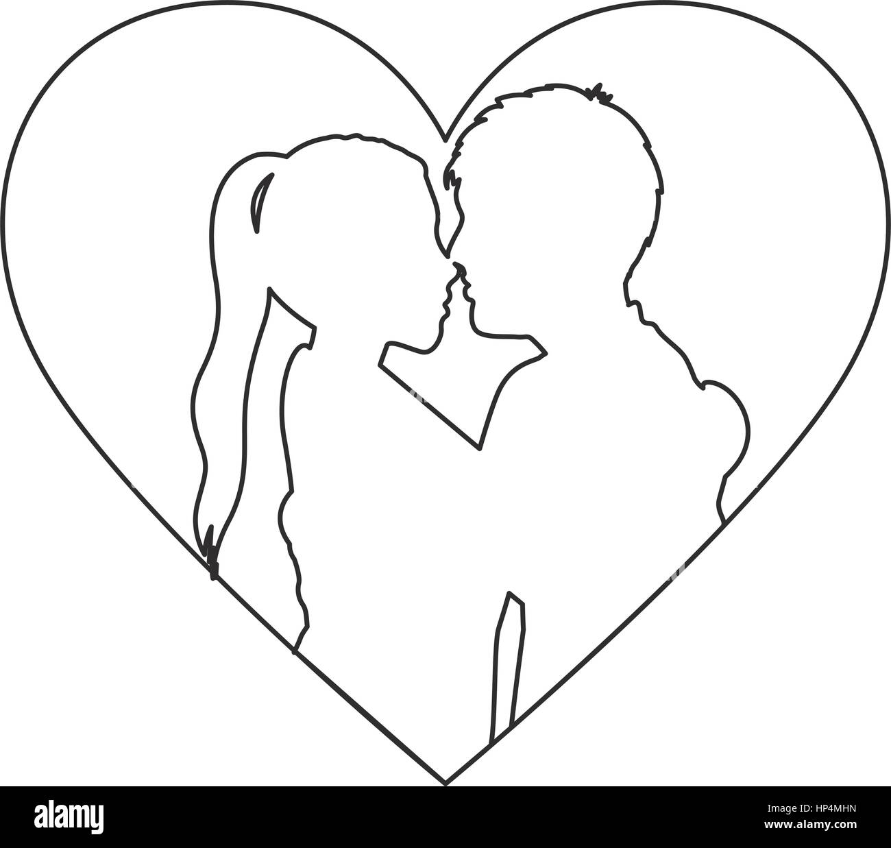 monochrome contour with heart frame and half body couple hugged Stock ...