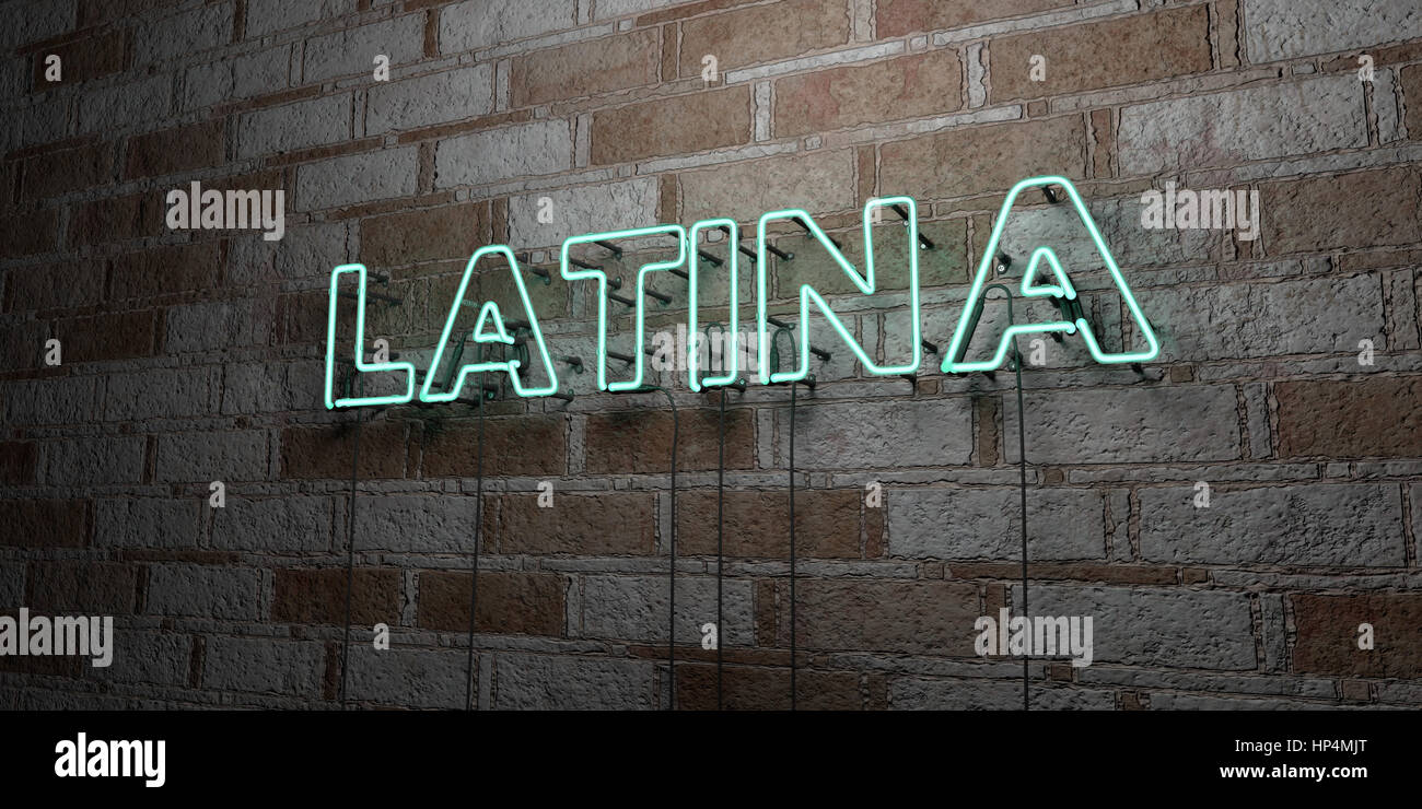 LATINA - Glowing Neon Sign on stonework wall - 3D rendered royalty free ...