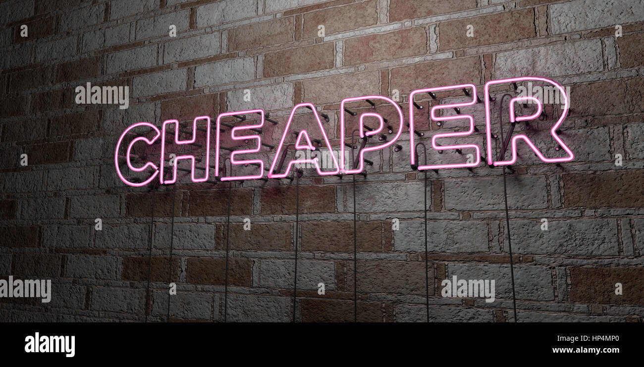 CHEAPER - Glowing Neon Sign on stonework wall - 3D rendered royalty ...
