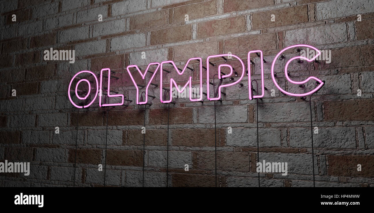 OLYMPIC - Glowing Neon Sign on stonework wall - 3D rendered royalty ...