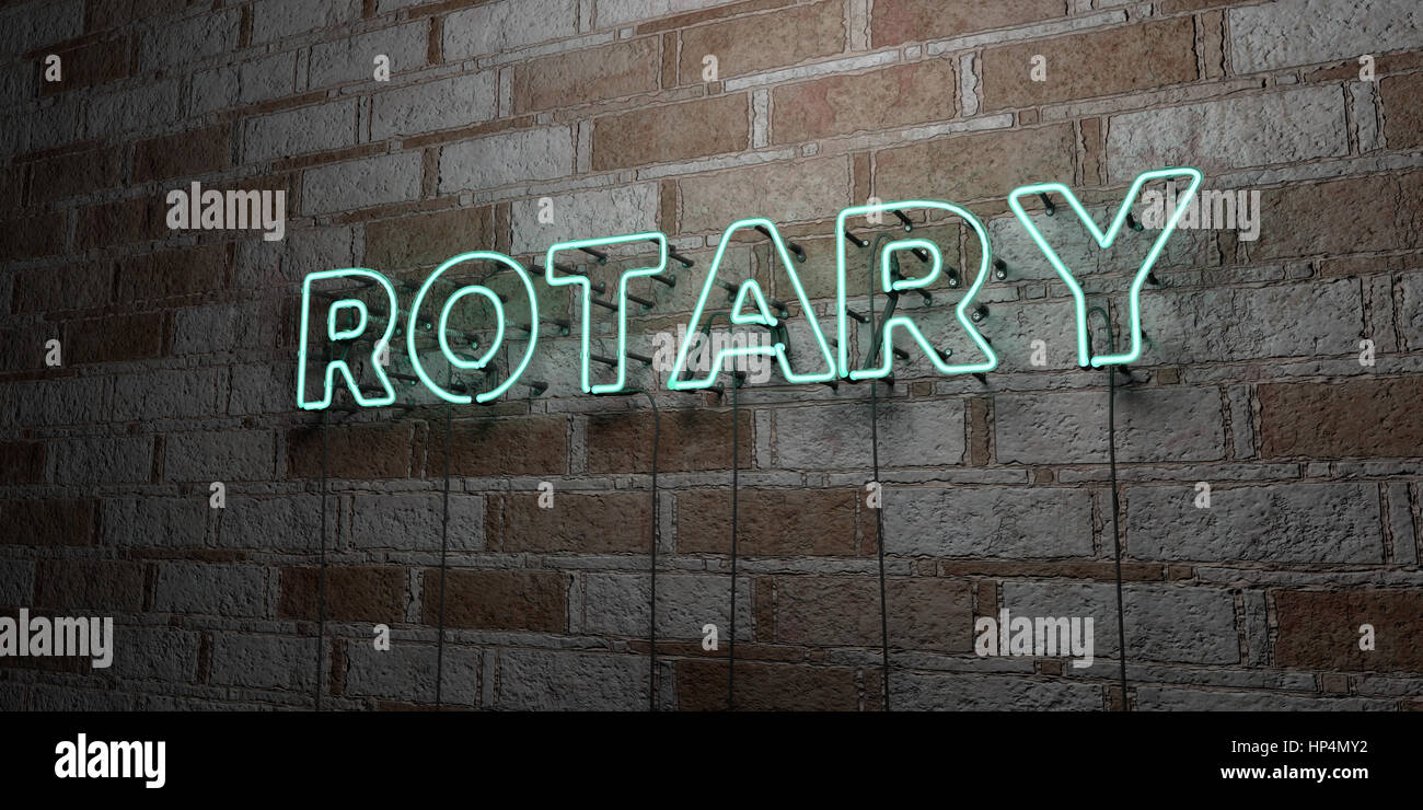 ROTARY - Glowing Neon Sign on stonework wall - 3D rendered royalty free ...
