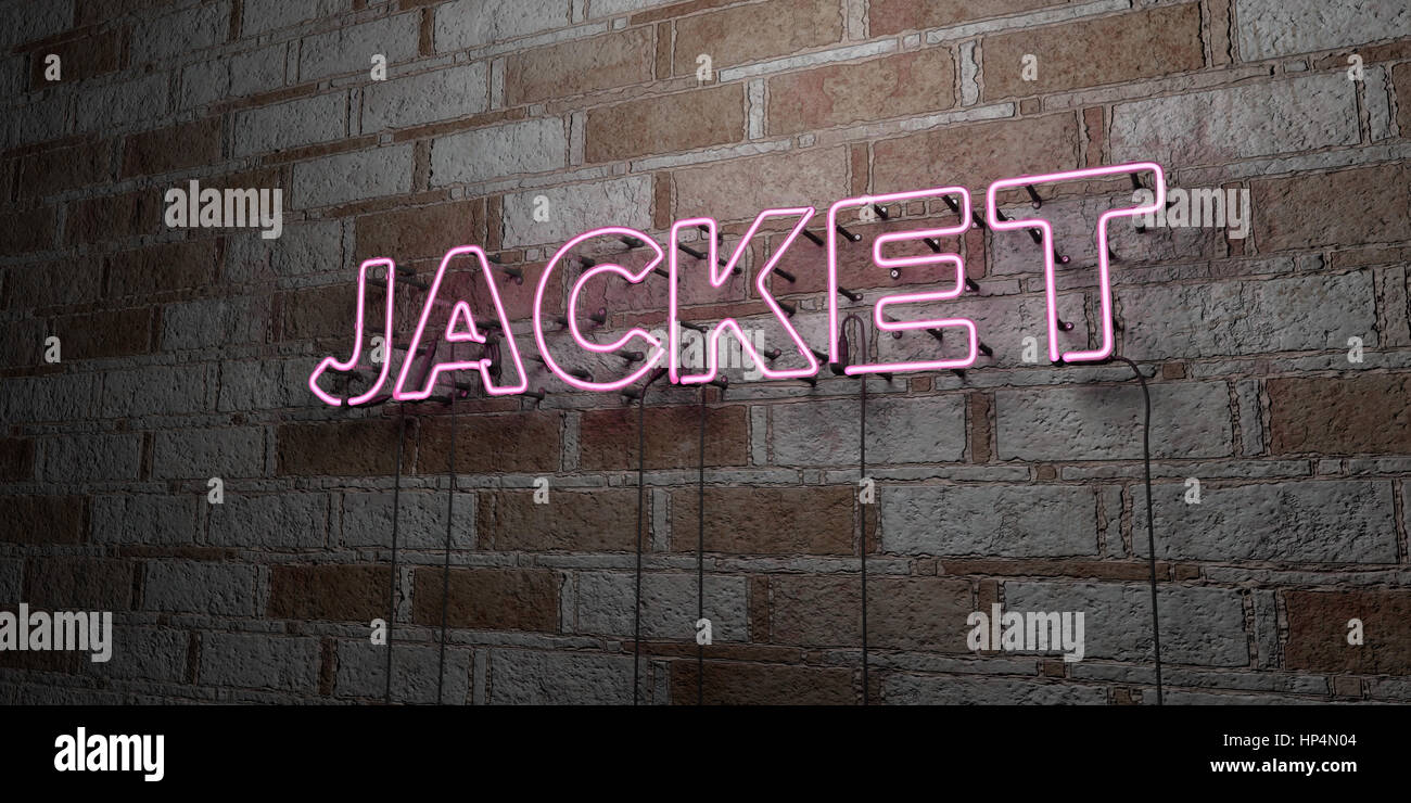 JACKET - Glowing Neon Sign on stonework wall - 3D rendered royalty free ...