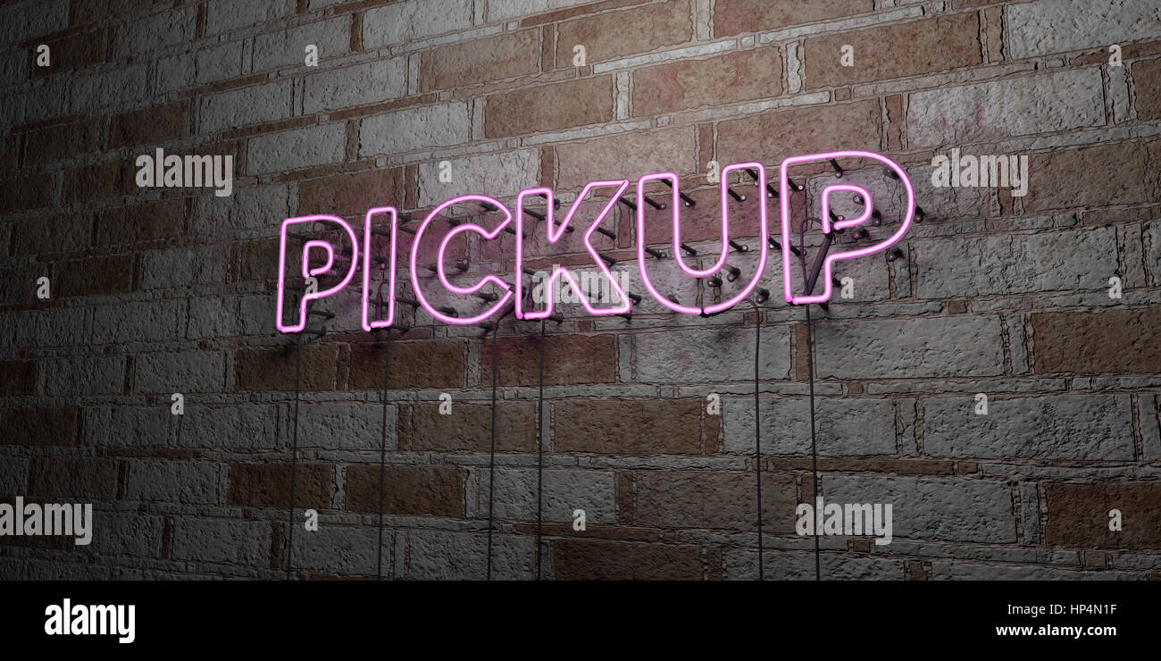 PICKUP - Glowing Neon Sign on stonework wall - 3D rendered royalty free ...