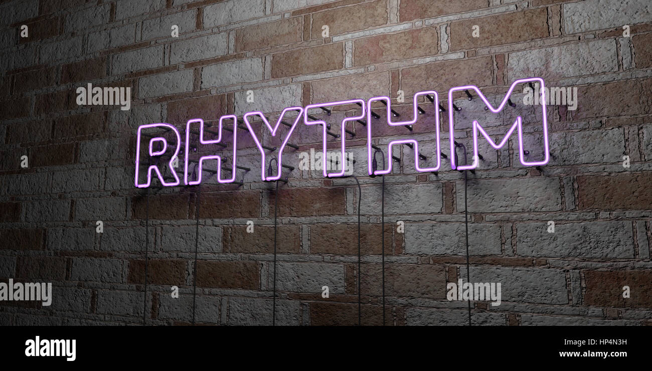 RHYTHM - Glowing Neon Sign on stonework wall - 3D rendered royalty free ...