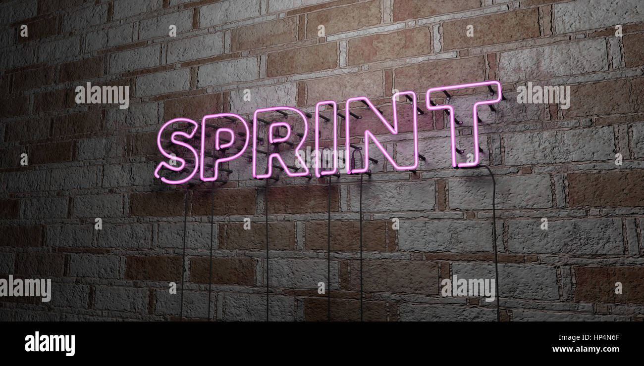 SPRINT - Glowing Neon Sign on stonework wall - 3D rendered royalty free ...