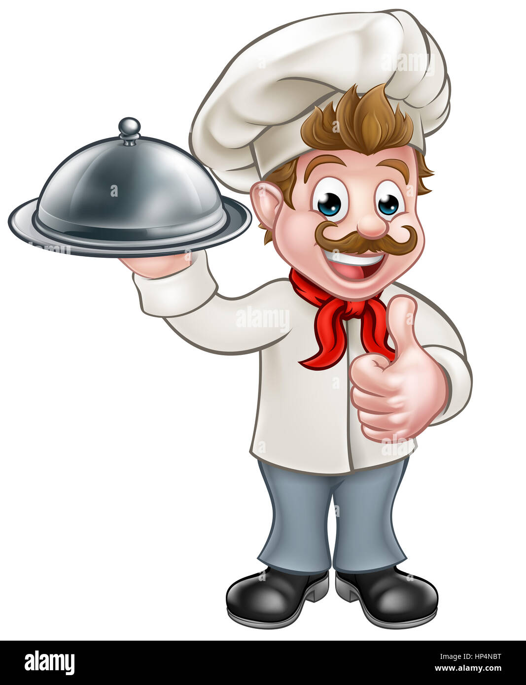 Cartoon chef or baker holding a silver cloche food meal plate platter ...