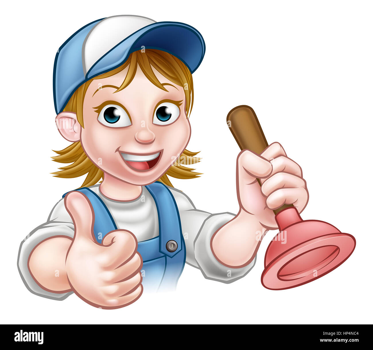 A plumber handyman cartoon character holding a plunger and giving a ...