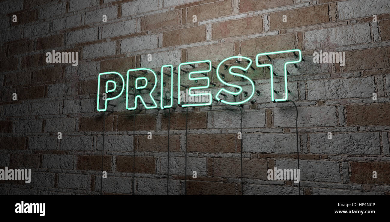 PRIEST - Glowing Neon Sign on stonework wall - 3D rendered royalty free ...