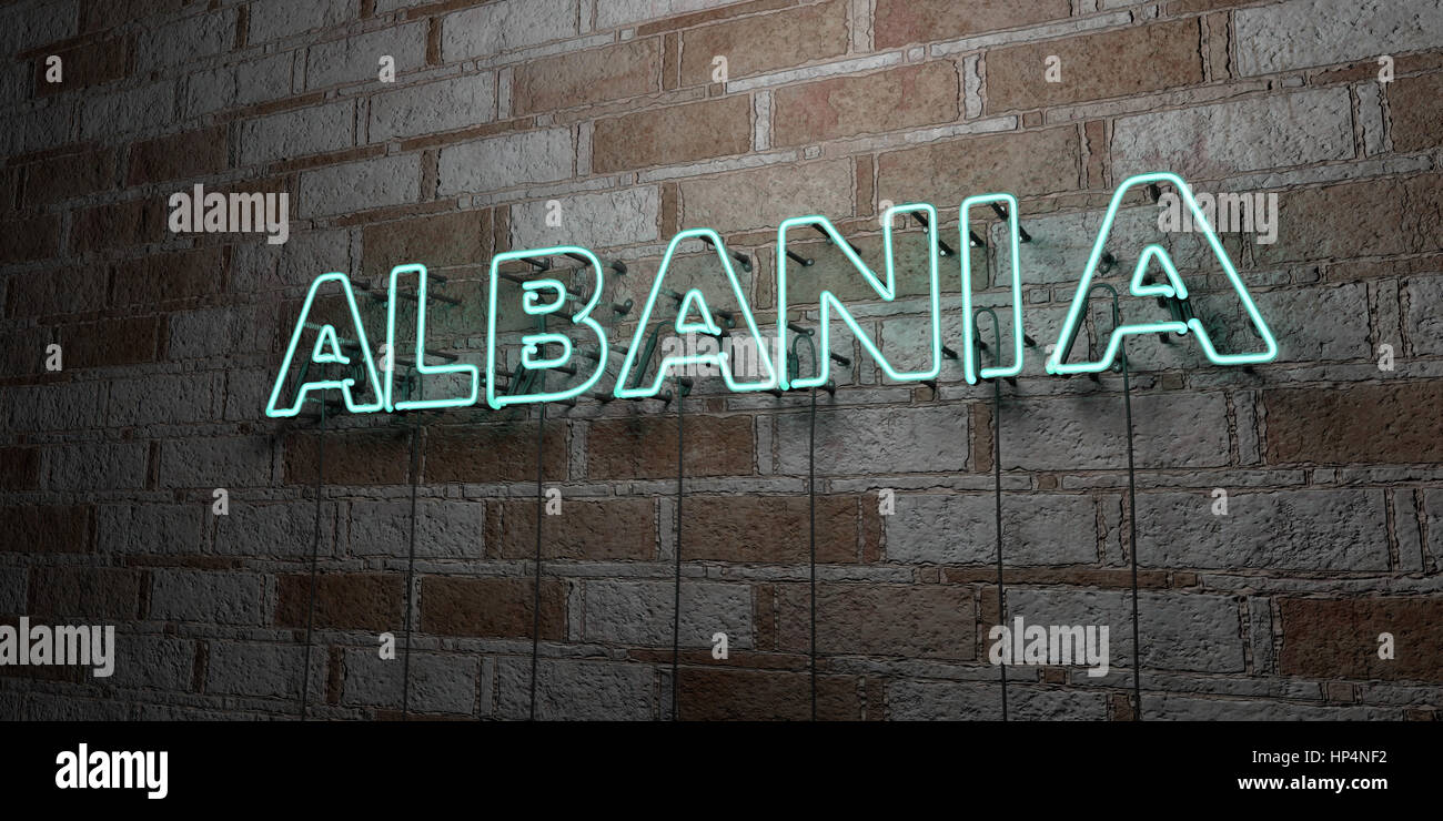ALBANIA - Glowing Neon Sign on stonework wall - 3D rendered royalty ...
