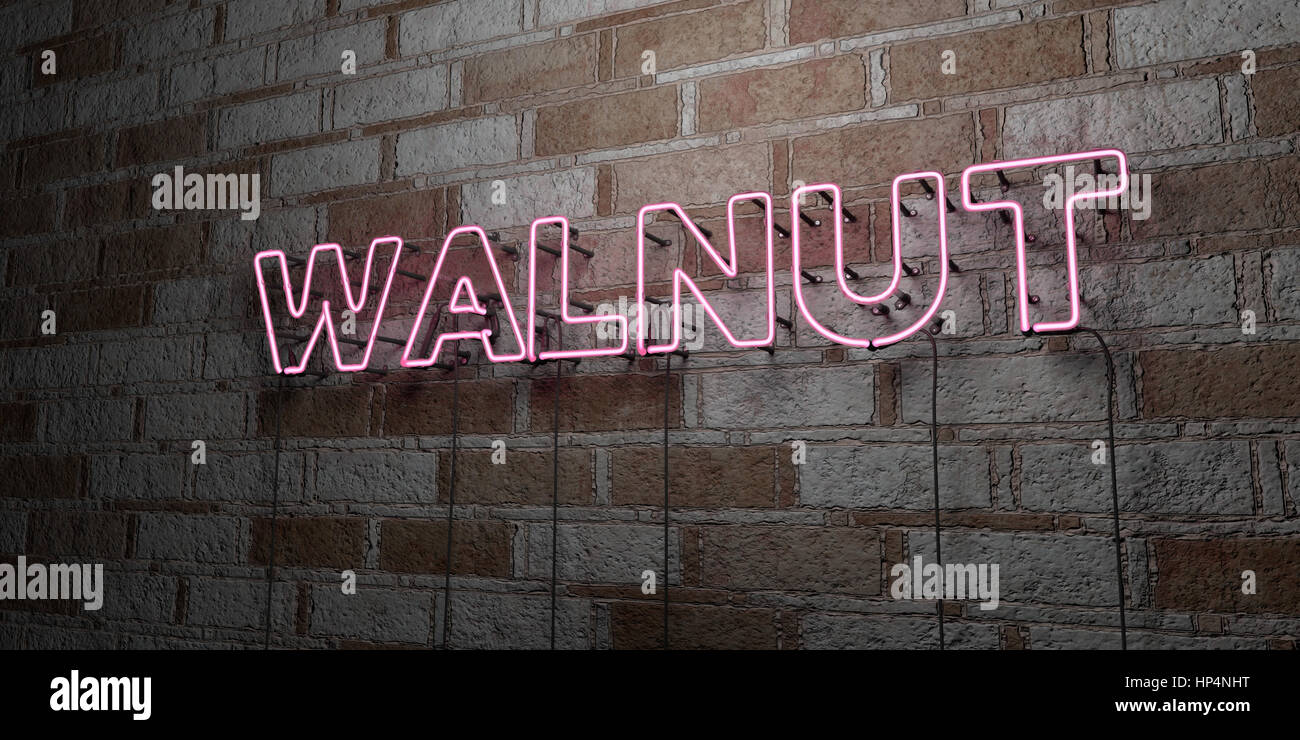 WALNUT - Glowing Neon Sign on stonework wall - 3D rendered royalty free ...