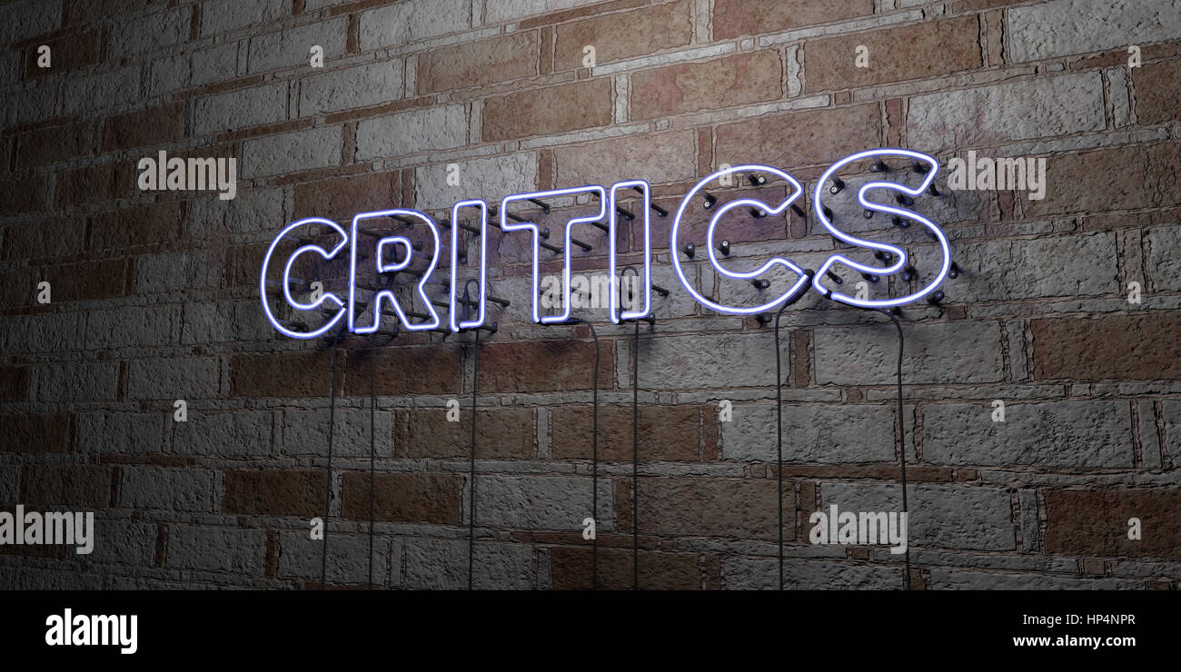CRITICS - Glowing Neon Sign on stonework wall - 3D rendered royalty ...