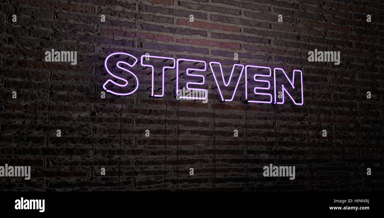 STEVEN -Realistic Neon Sign on Brick Wall background - 3D rendered ...