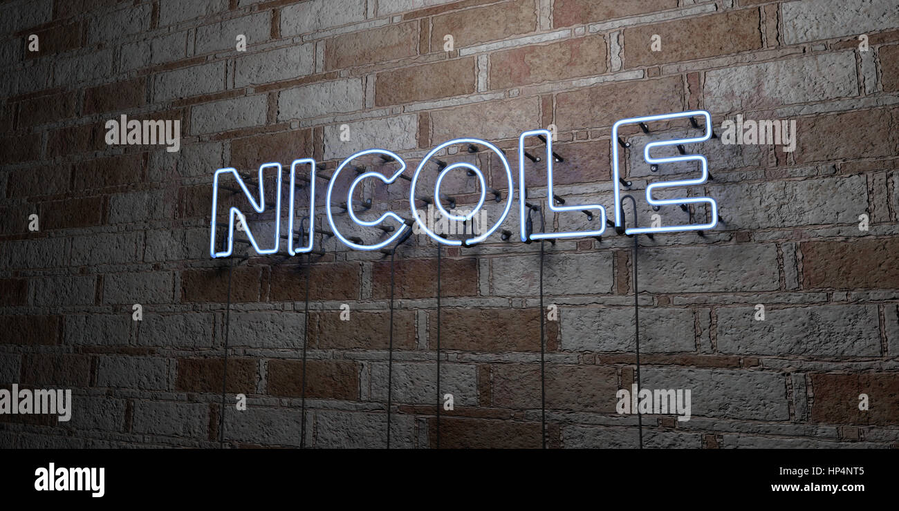 NICOLE - Glowing Neon Sign on stonework wall - 3D rendered royalty free ...