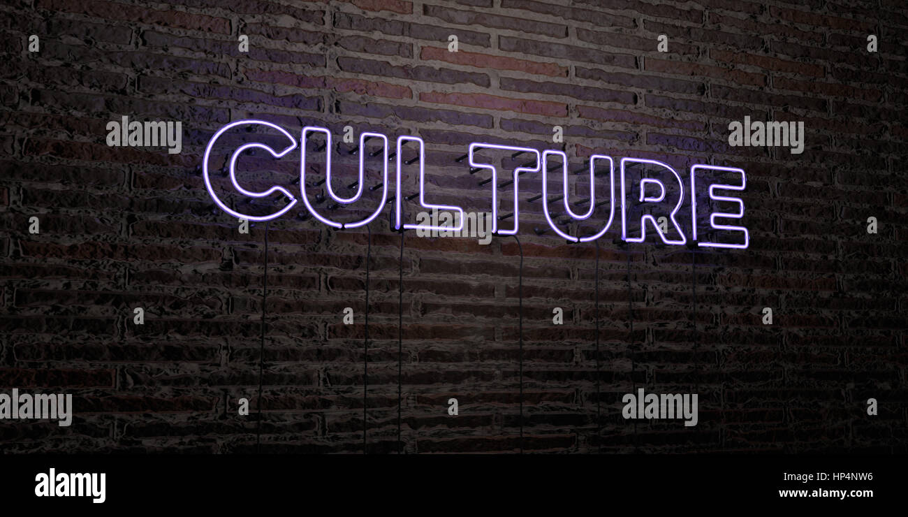 CULTURE -Realistic Neon Sign on Brick Wall background - 3D rendered ...